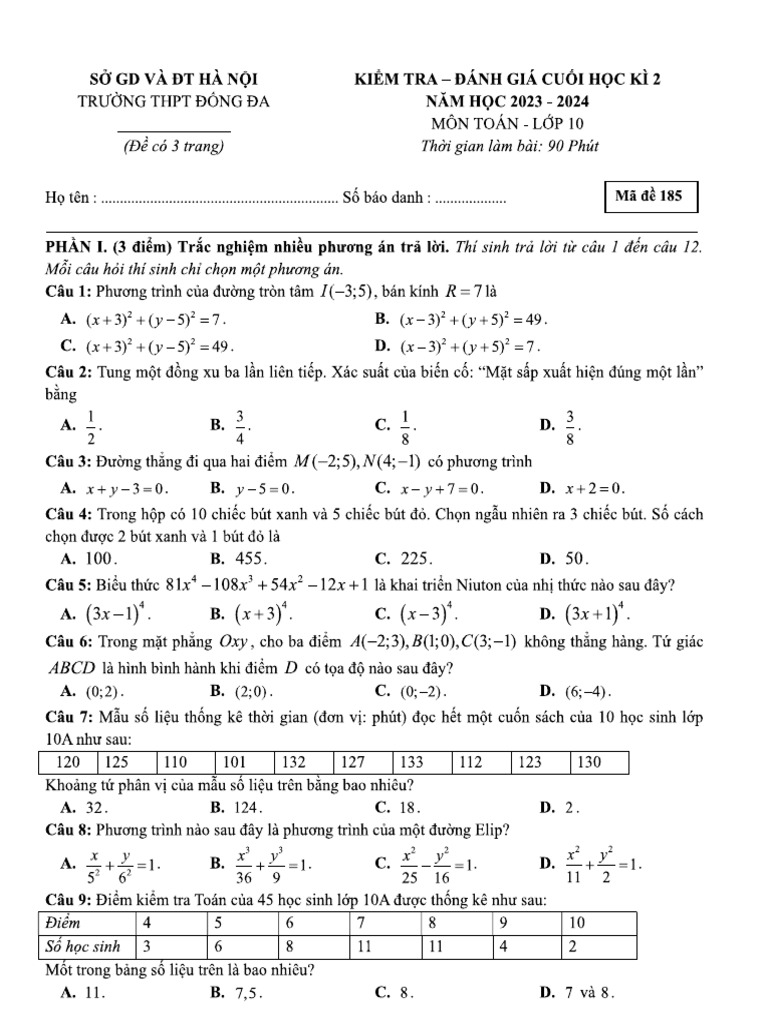 đề hk2 đống đa hà nội | PDF