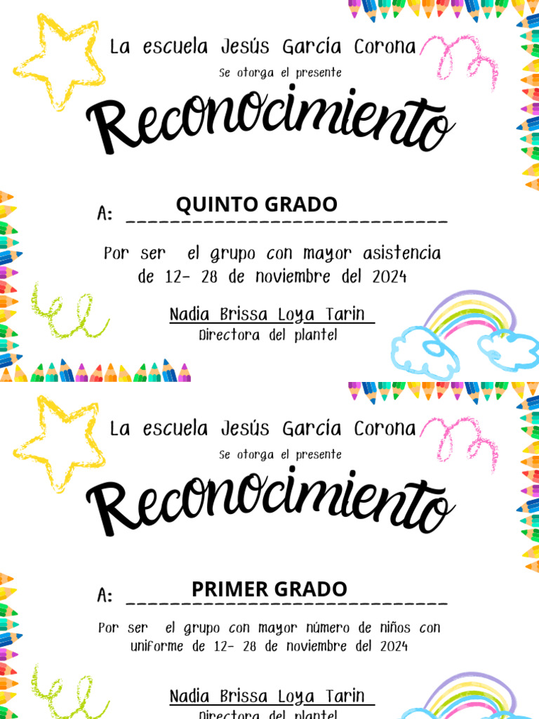 Certificado de Reconocimiento Primer Trimestre Sencillo Colorido | PDF