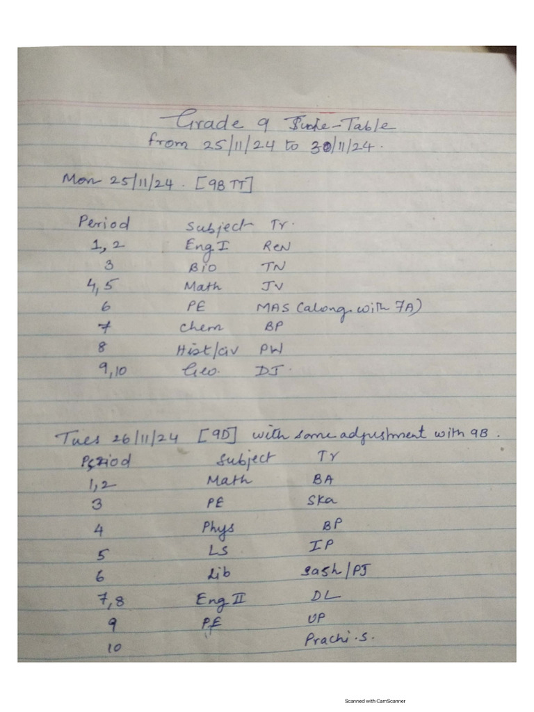 Grade 9 Time Table From 25 Nov To 30 Nov | PDF