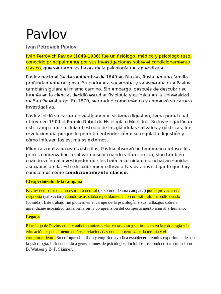 Pavlov y el Condicionamiento Clásico | PDF | Ciencias del ...