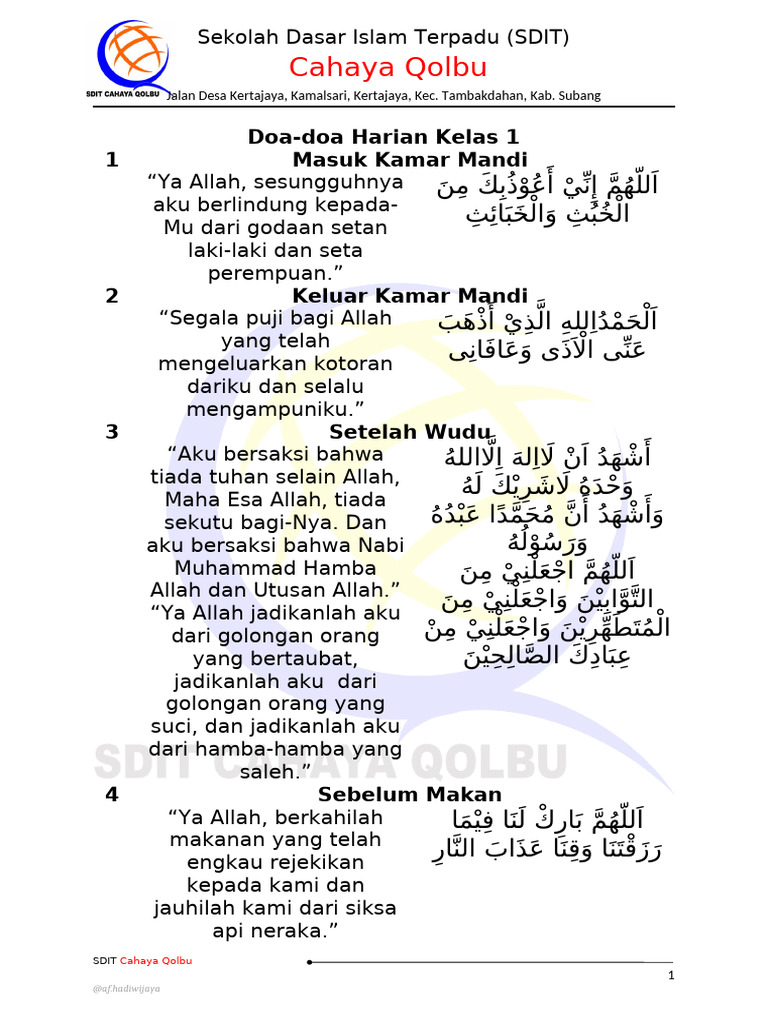 Doa Harian Kelas 1 SDIT Cahaya Qolbu | PDF