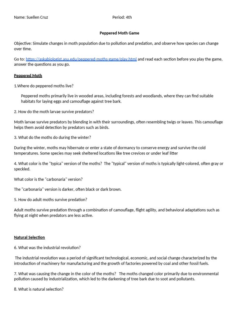 Environmental - Unit 1.2 - Peppered Moth Lab | PDF | Natural Selection ...