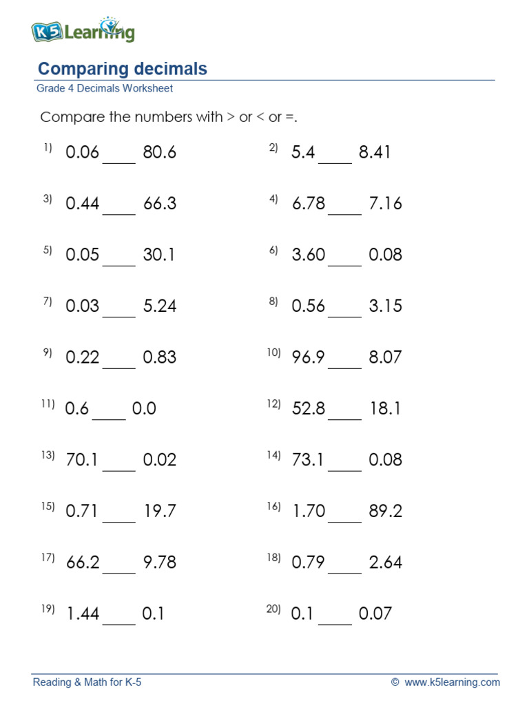 Grade 4 Compare Decimals A | PDF