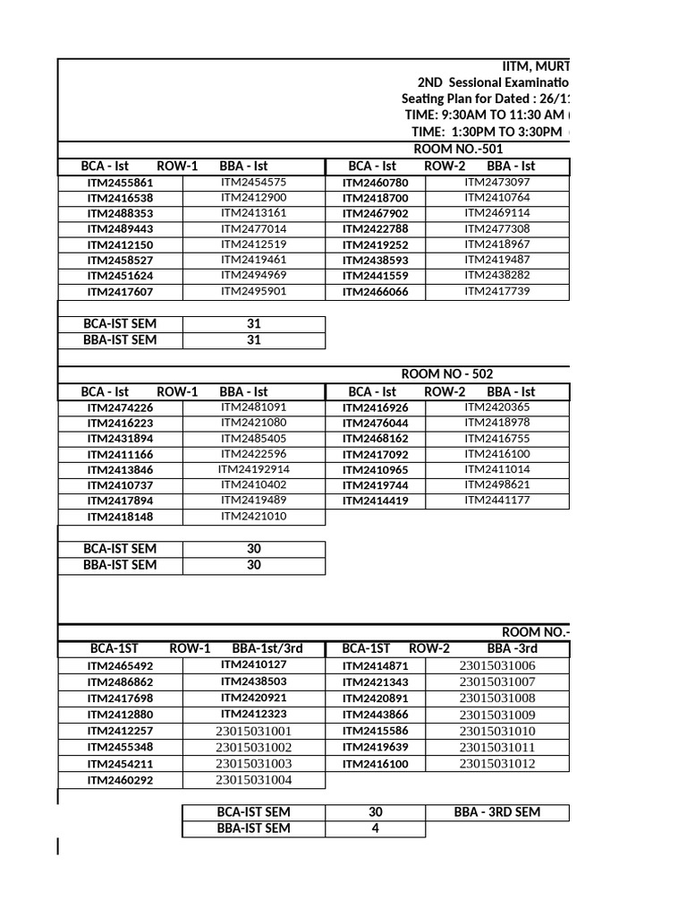 Seating Plan of 2nd Sessional November 2024 | PDF