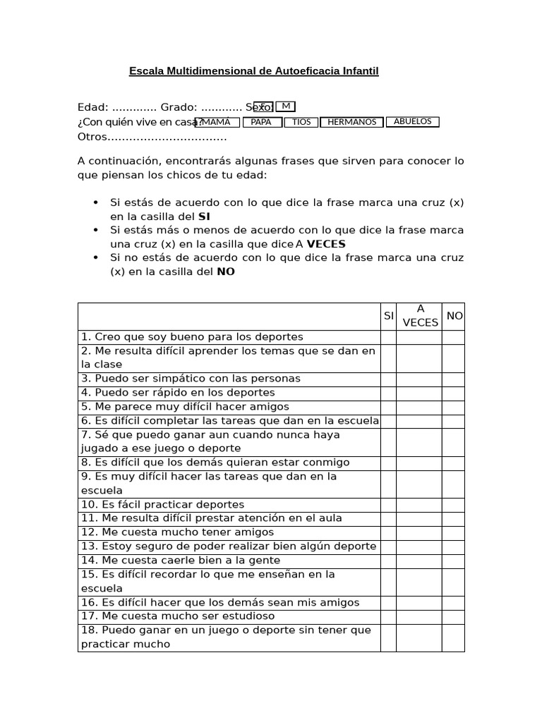Escala Multidimensional de Autoeficacia Infantil (1) | PDF