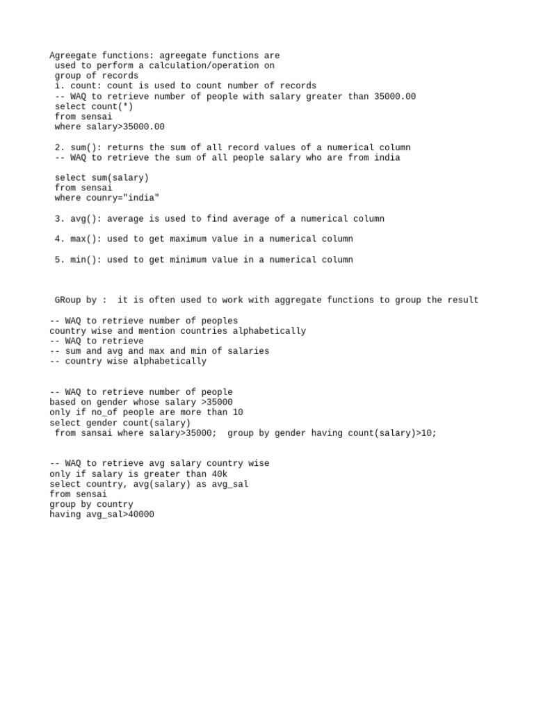 SQL Aggregate Functions Guide | PDF