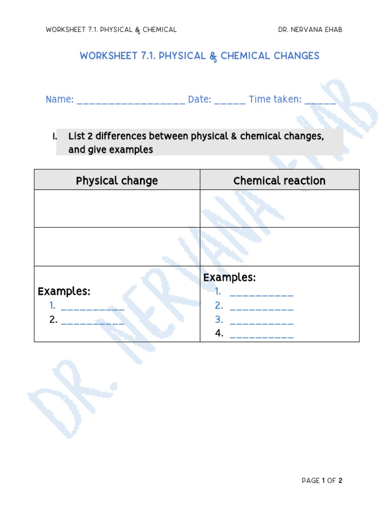Physical vs. Chemical Changes Worksheet | PDF