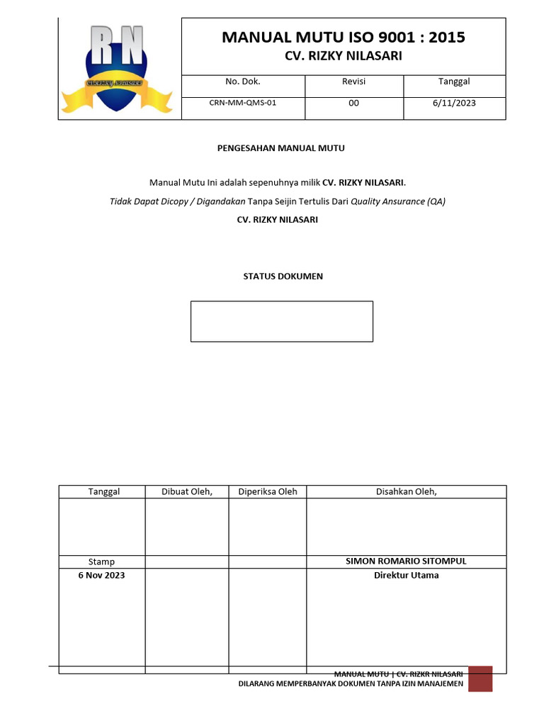 Manual Mutu Iso 9001 Cv. Rizky Nilasari | PDF