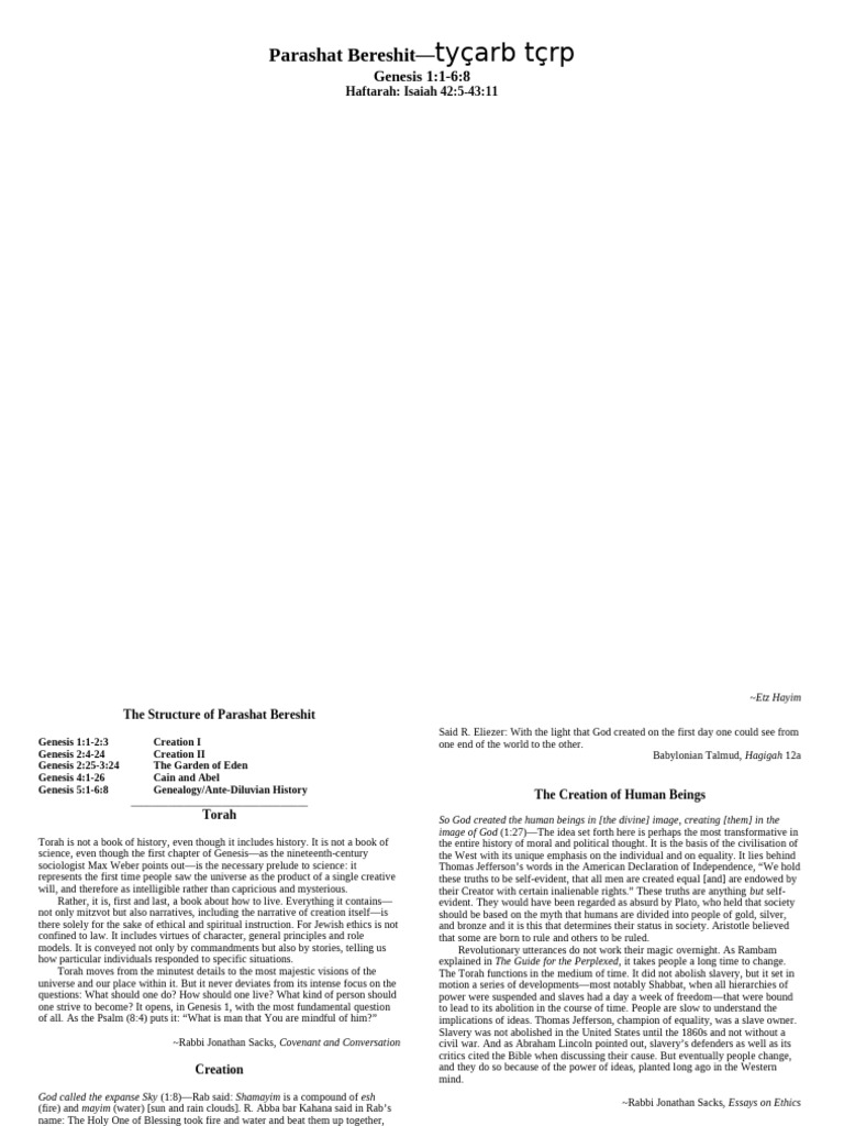 W S - Bereshit | PDF | Genesis Creation Narrative | God