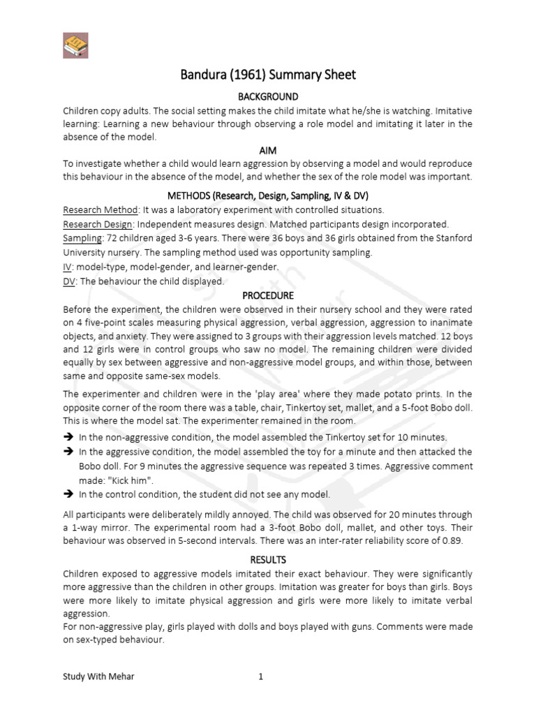 Bandura Et Al. (1961) Summary Sheet | PDF | Social Psychology ...