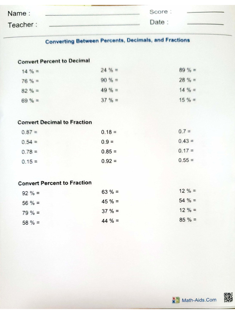 Fraction, Decimal, Percent Conversions A | PDF