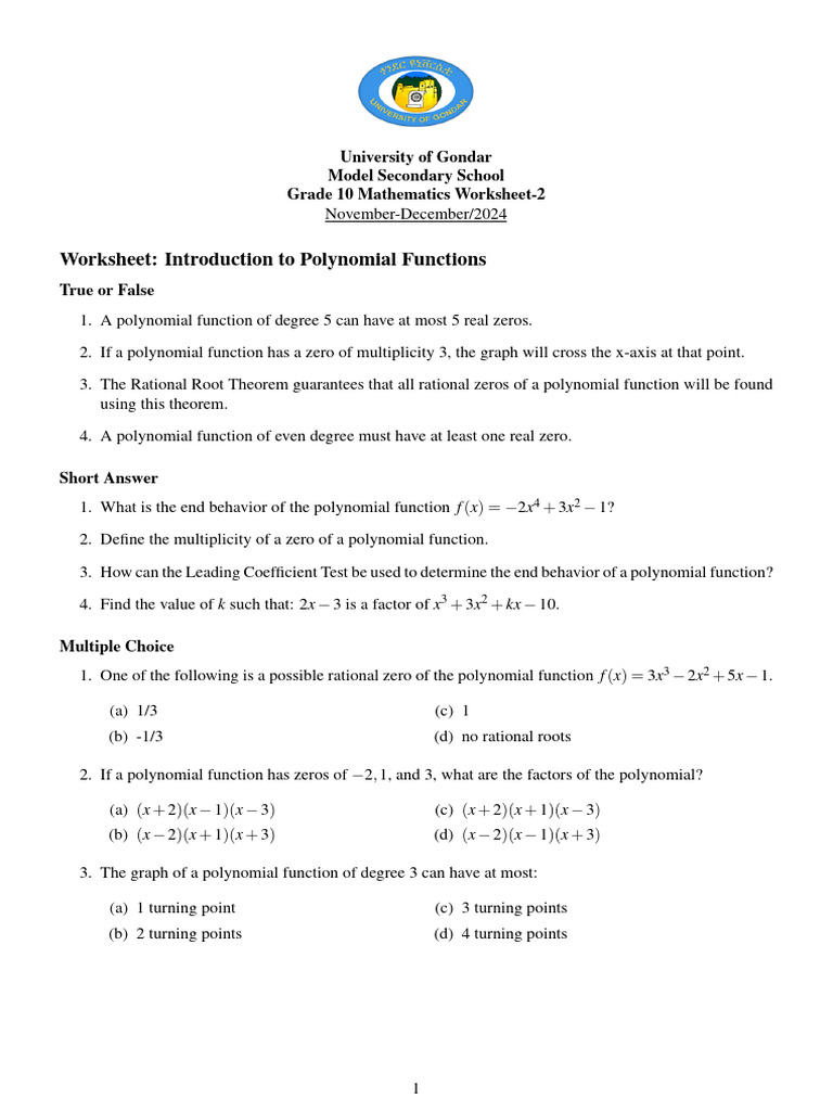Worksheet_2_Grade_10_Sem-I-2017_EC | PDF | Factorization | Polynomial