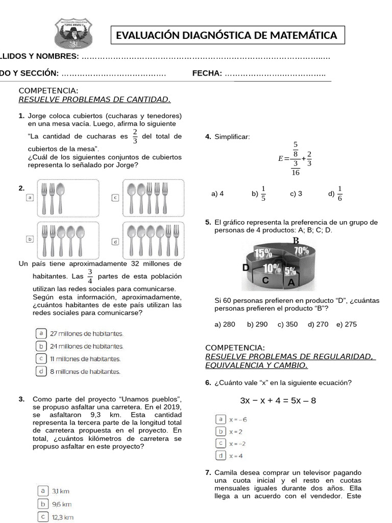 Evaluación Diagnóstica de Matemática 3ro | PDF