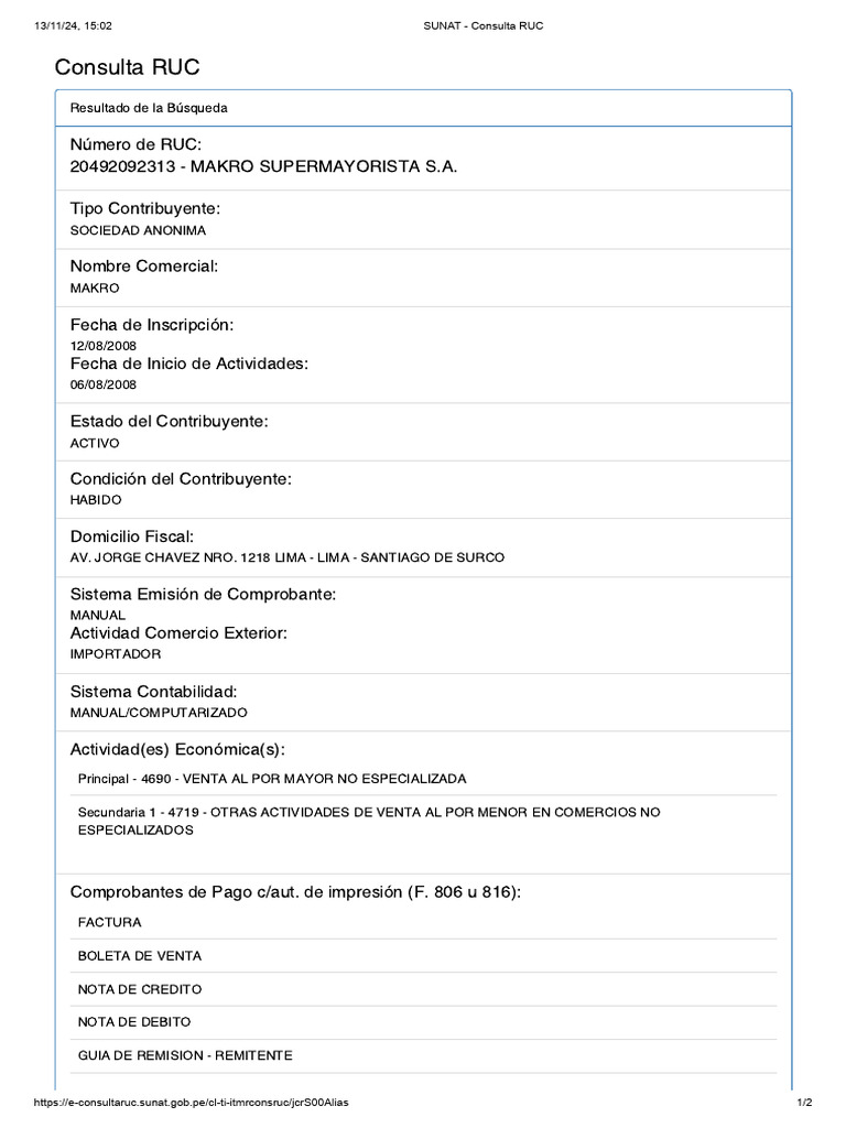 SUNAT - Consulta RUC MAKRO | PDF