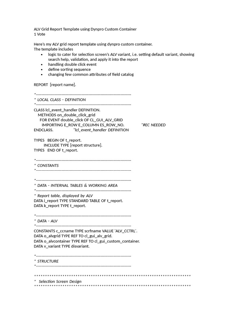 ALV Grid Report Template using Dynpro Custom Container | PDF | Programming Paradigms | Software