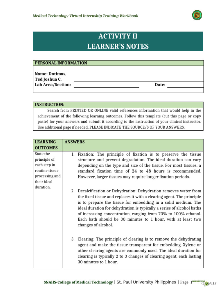 Activity 2 Histopath Worksheet | PDF | Fixation (Histology) | Histology