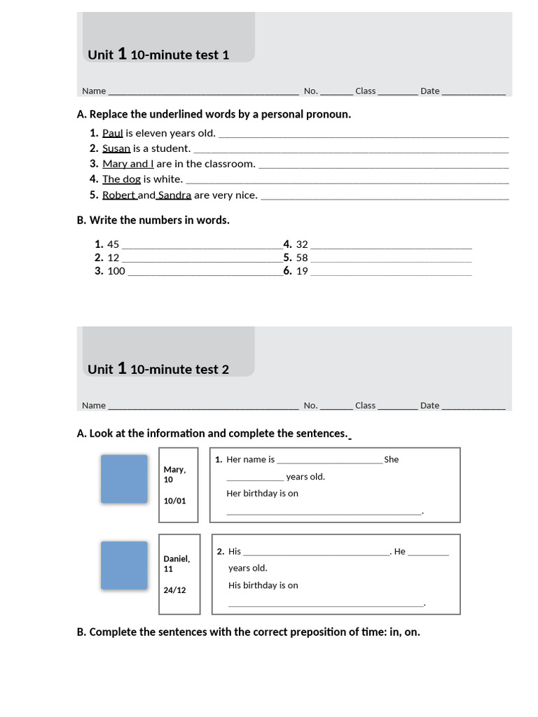 Personal Pronouns and Time Prepositions Test | PDF | Morphology ...