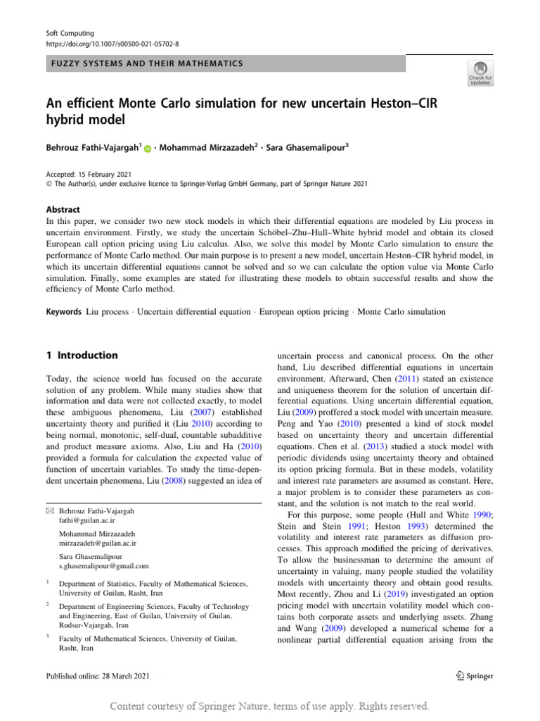 An Efficient Monte Carlo Simulation For New Uncertain Heston-CIR Hybrid Model | PDF | Partial ...