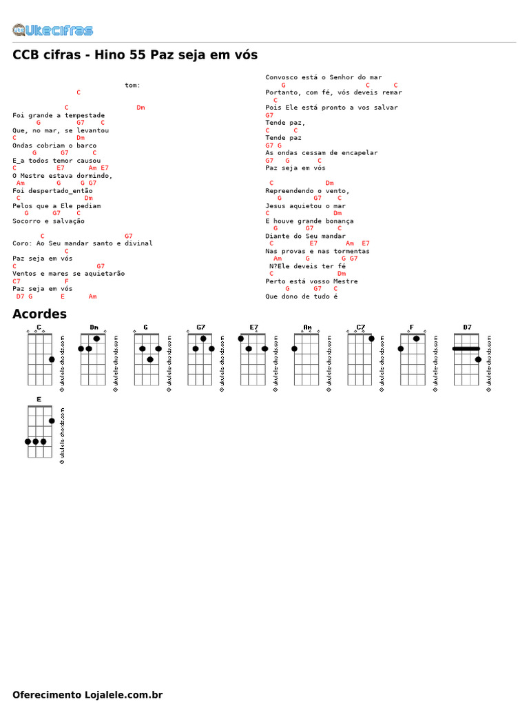 CCB cifras - Hino 55 Paz seja em vÃ³s [Uke Cifras] | PDF