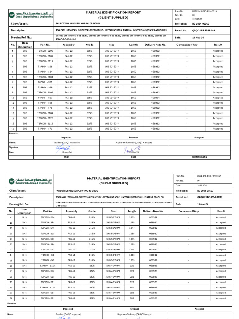 Material Inspection Report for PAU 06 | PDF