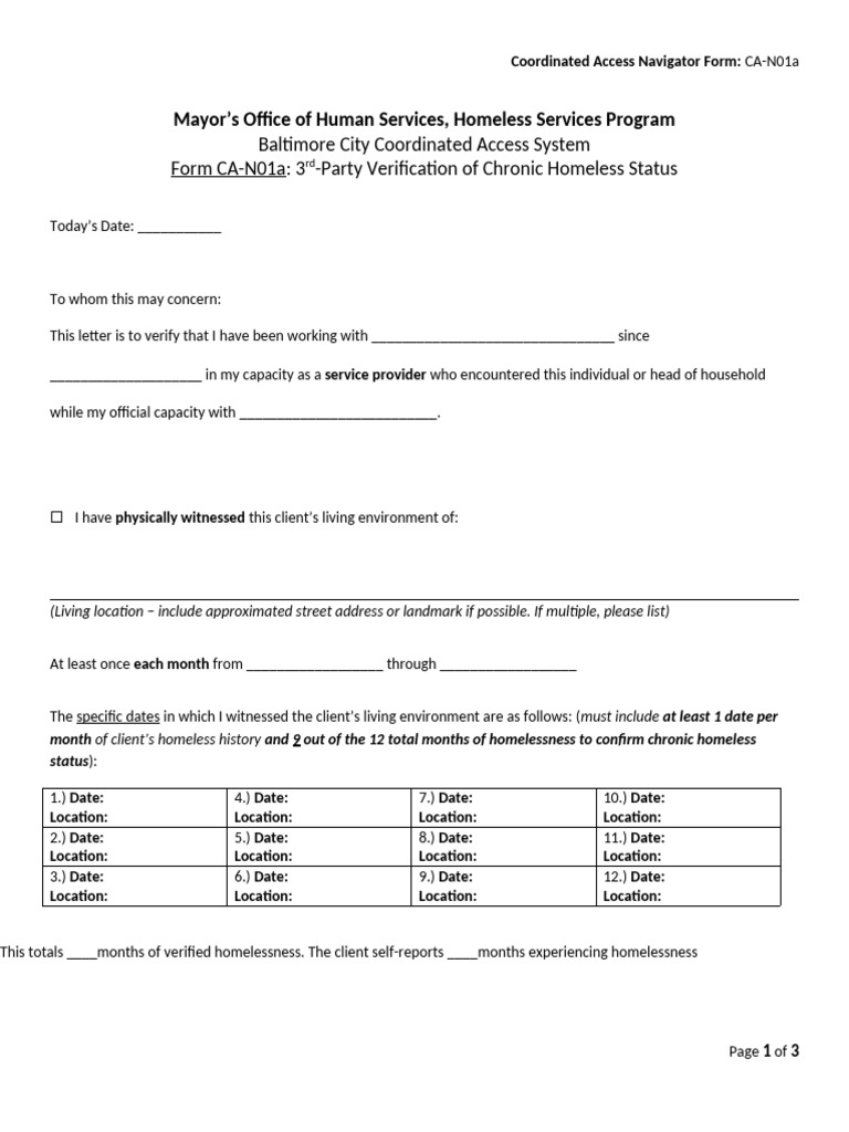 Form CA-N01a Provider Verification | PDF | Homelessness