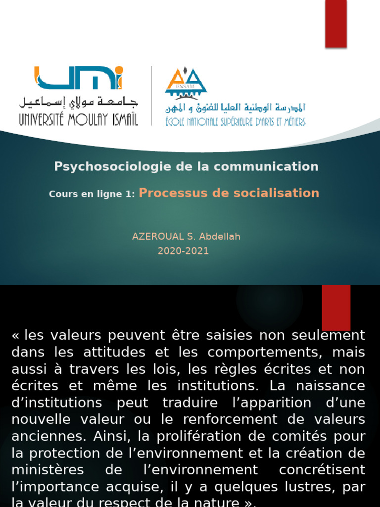 Psychosocilogie de La Communication. Cours en Ligne 1- Processus de Socialisation | PDF | la ...