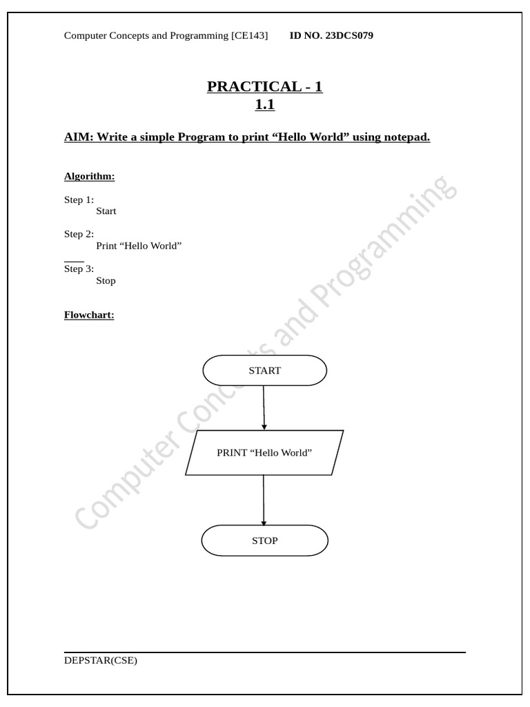 Practical - 1 1.1: AIM: Write A Simple Program To Print "Hello World" Using Notepad | PDF ...