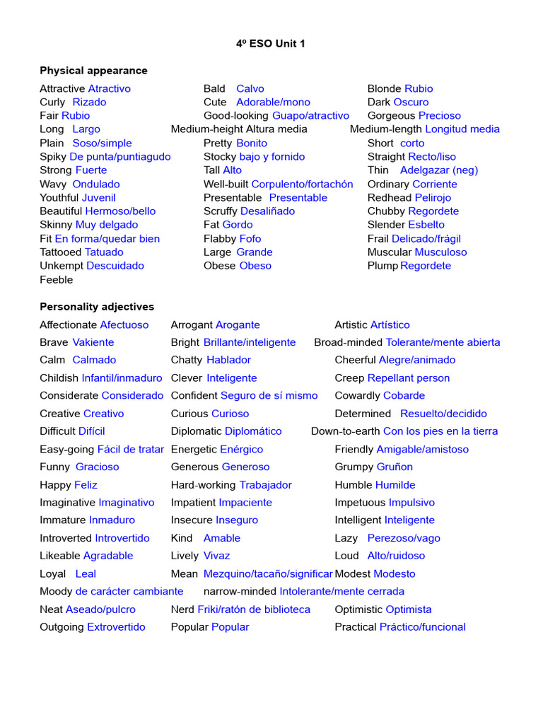 Adjetivos de Apariencia y Personalidad | PDF