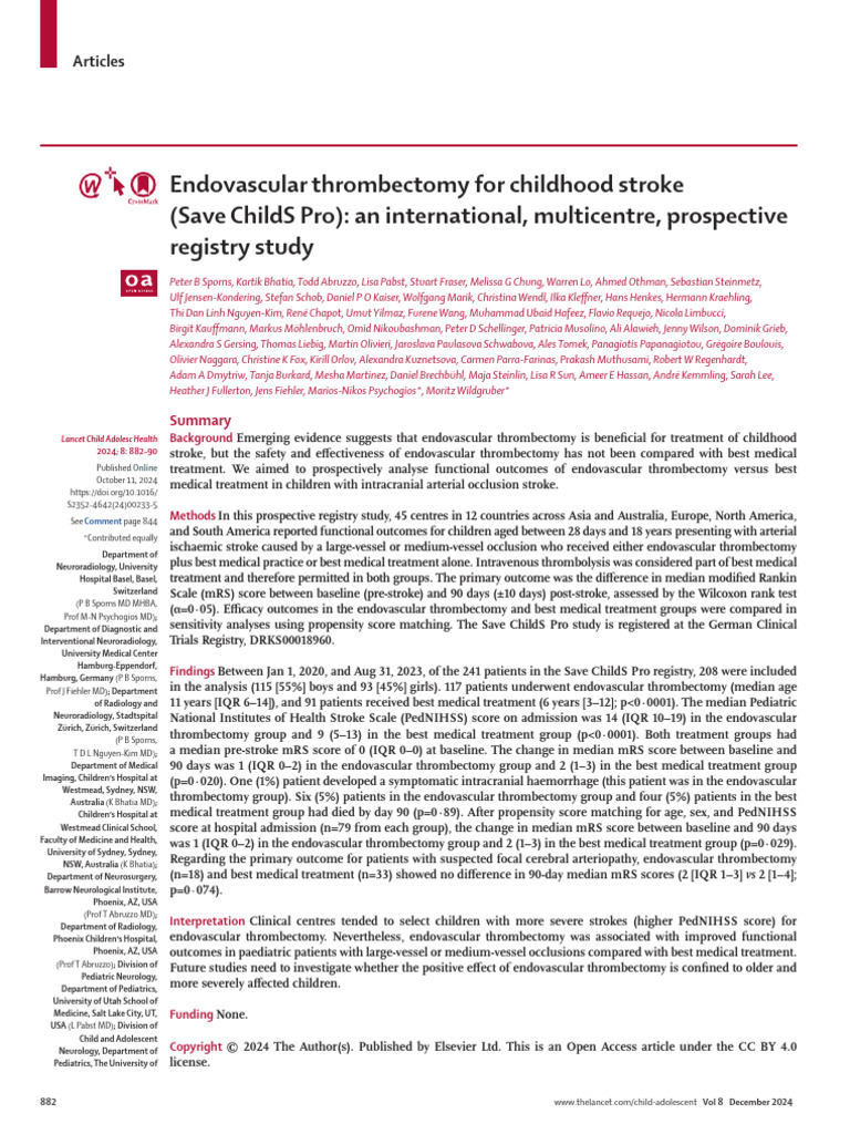 Endovascular Thrombectomy For Childhood Stroke (Sa | PDF | Interventional Radiology | Angiology