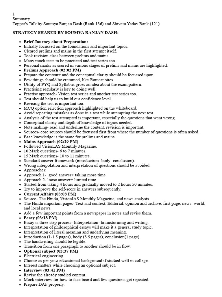 Toppers Talk by Soumya Ranjan Dash Rank 136 and Shivam Yadav | PDF | Essays