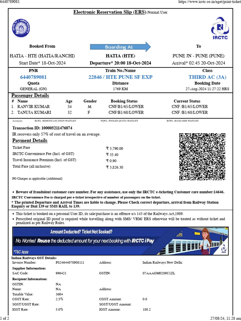 HTE TO PUNE | PDF | Identity Document | Payments