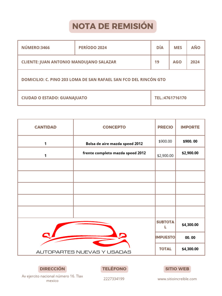 Factura Nota de Remision Sencilla Beige - 20240819 - 093952 - 0000 - Page1 | PDF