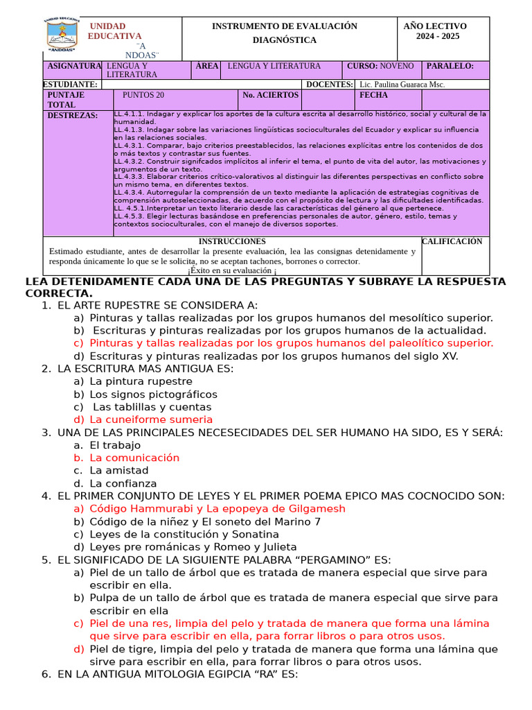 Evaluacion Diagnostica Solucionario 2024-2025 9nos | PDF | Narración ...