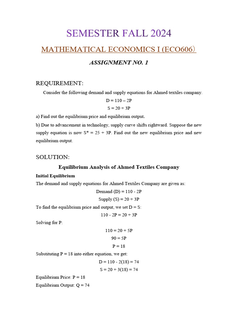 SEMESTER FALL 2024 | PDF | Economic Equilibrium | Demand Curve
