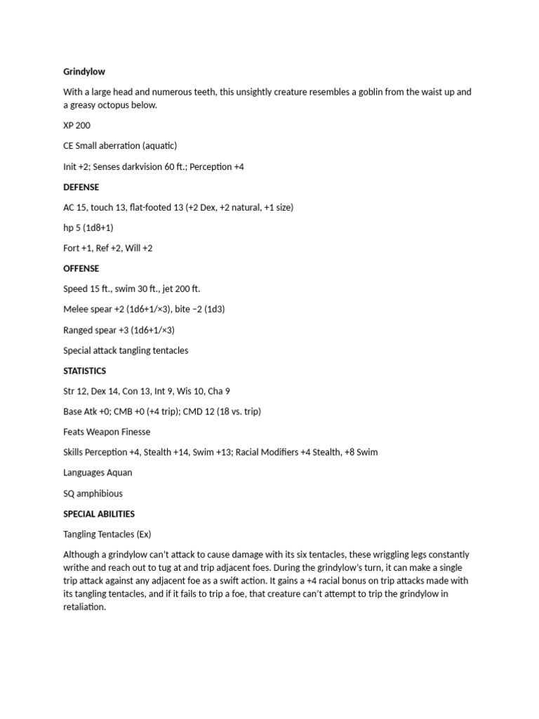 Grindylow Creature Profile and Stats | PDF