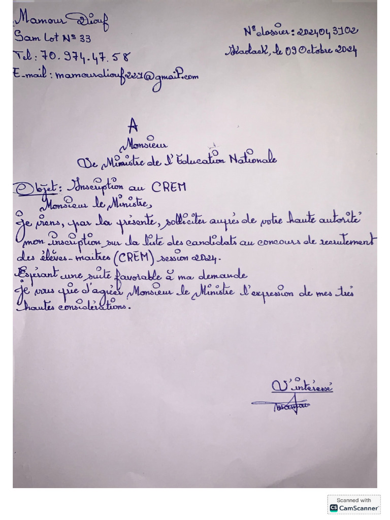 Demande Manuscrite Mamour | PDF