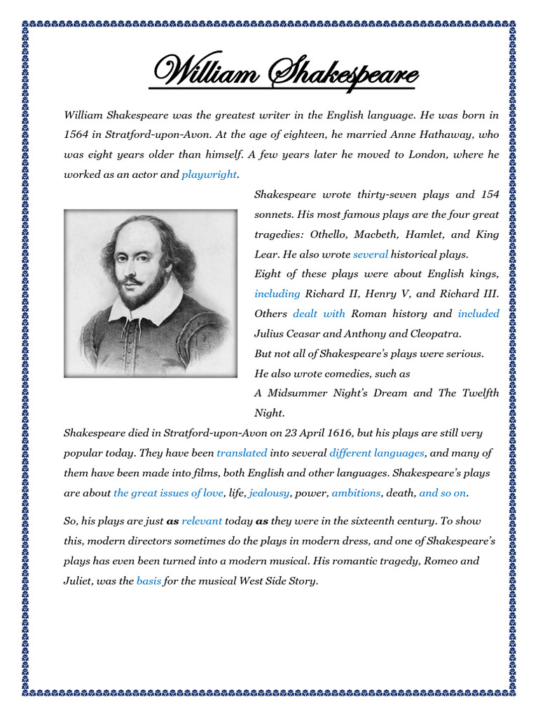 William Shakespeare Fun Activities Games Reading Comprehension Exercis ...