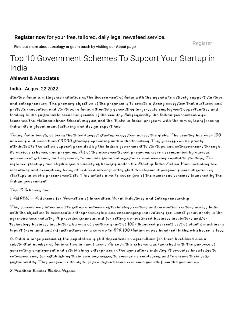 Top 10 Government Schemes To Support Your Startup in India - Lexology ...
