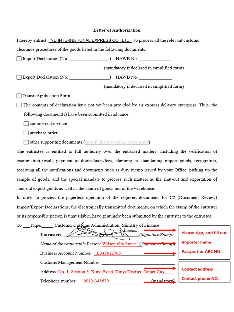 Letter of Authorization YD SAMPLE | PDF | Telephone | Customs
