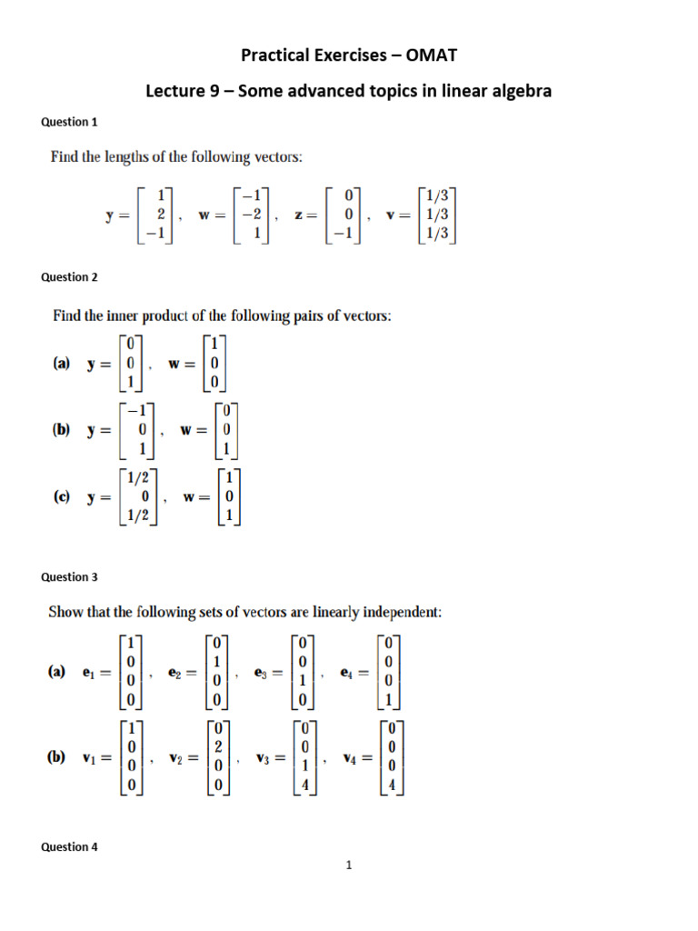 Practical Exercises 9 Some Advanced Topics in Linear Algebra - STD | PDF