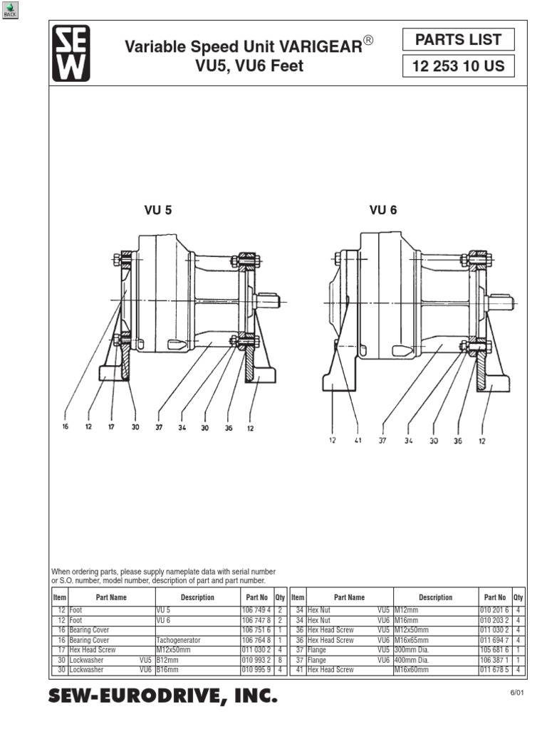 Variable Speed Unit VARIGEAR VU5, VU6 Feet: Sew-Eurodrive, Inc | PDF