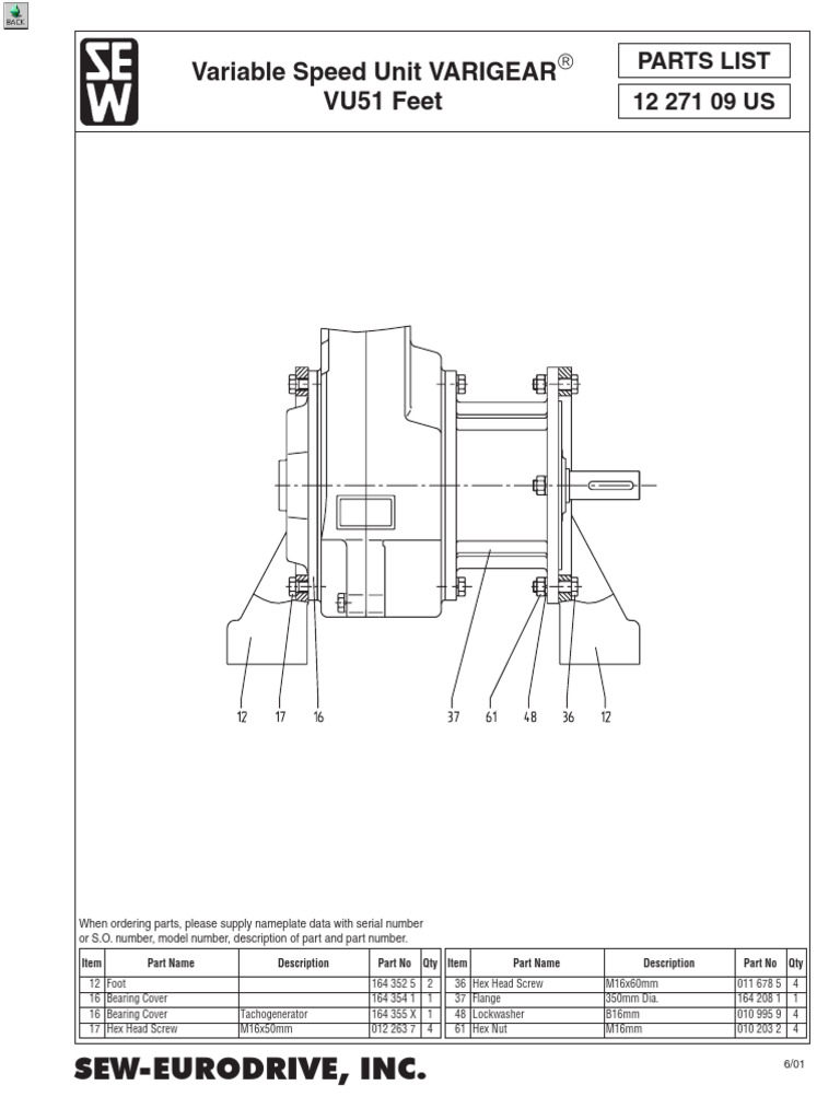 Variable Speed Unit VARIGEAR VU51 Feet: Sew-Eurodrive, Inc | PDF