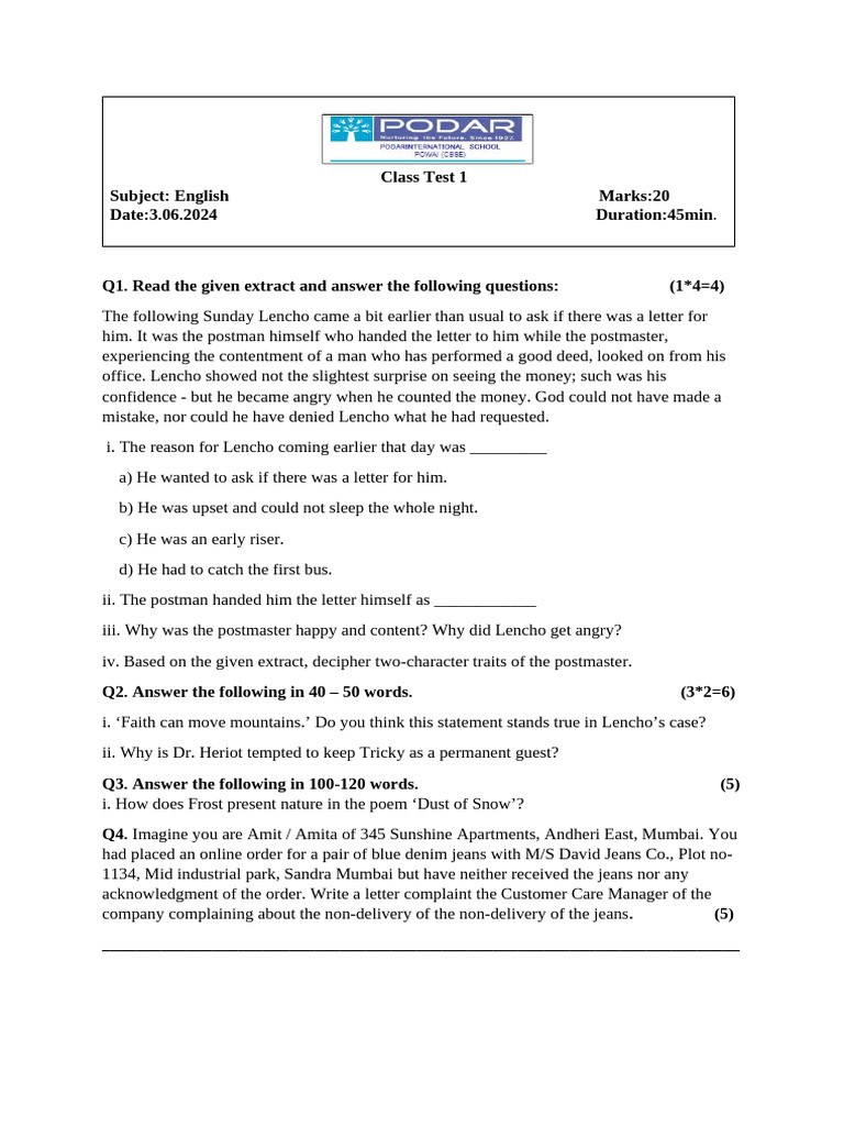 English Class Test 1: Questions & Answers | PDF