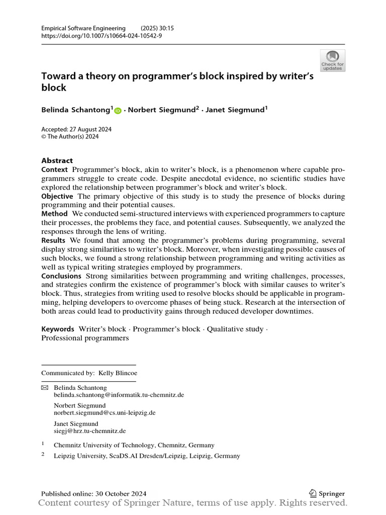 Toward A Theory On Programmers Block Inspired by | PDF | Computer ...