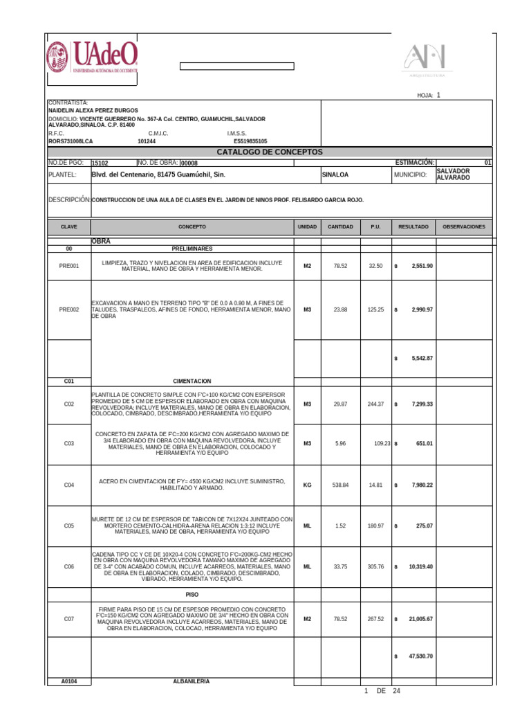 Copia de Estimacion 1 Gestion de Obra Ejemplo | PDF | Ingeniero civil ...