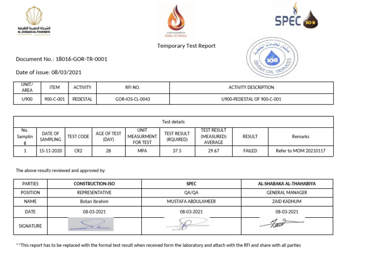 Temporary Test Report for U900 Pedestal | PDF