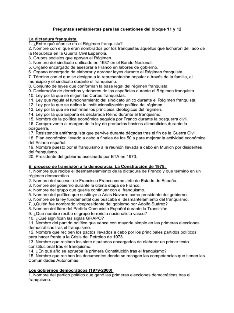 Preguntas Bloques 11-12 | PDF | España franquista | Francisco franco
