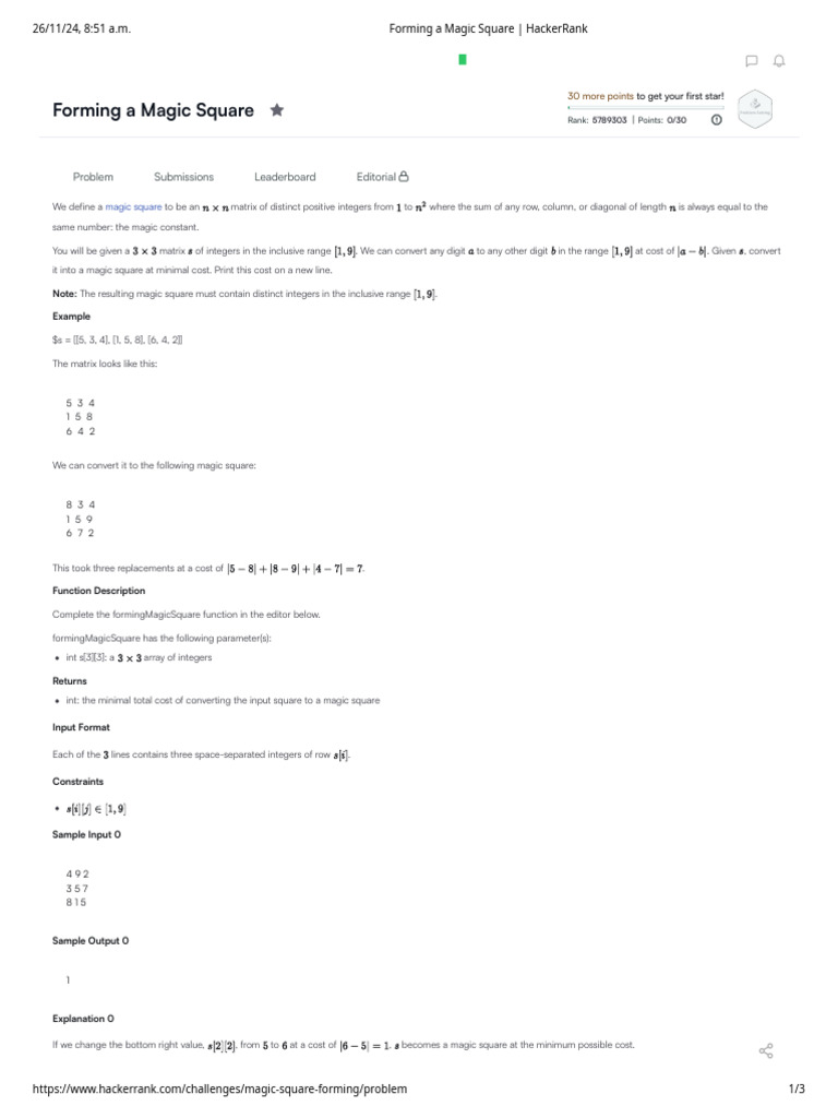 Forming A Magic Square Hackerrank Pdf Matrix Mathematics Parameter Computer Programming