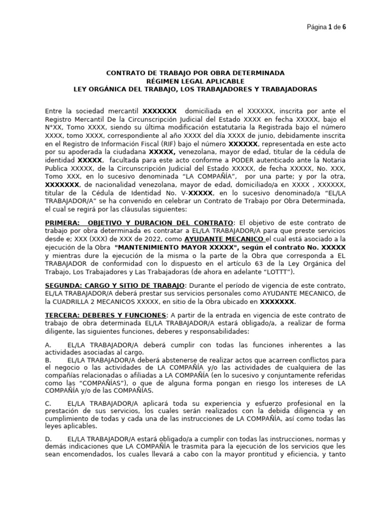 CONTRATO DE TRABAJO OBRA DETERMINADA | PDF | Salario