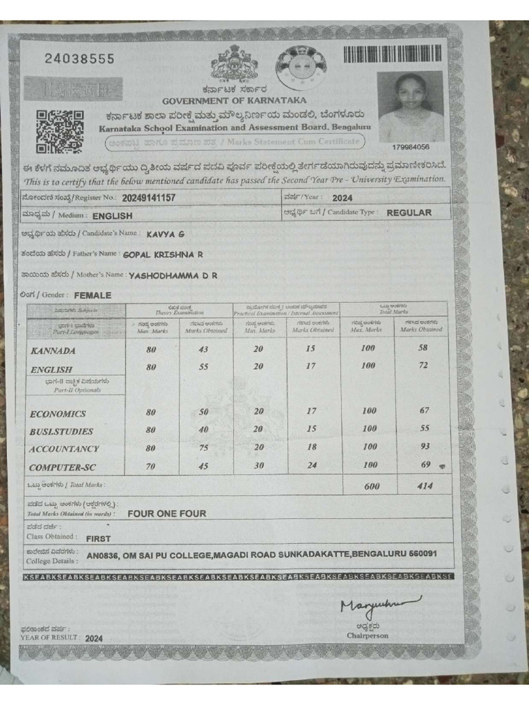 kavya 2nd pu marks card | PDF